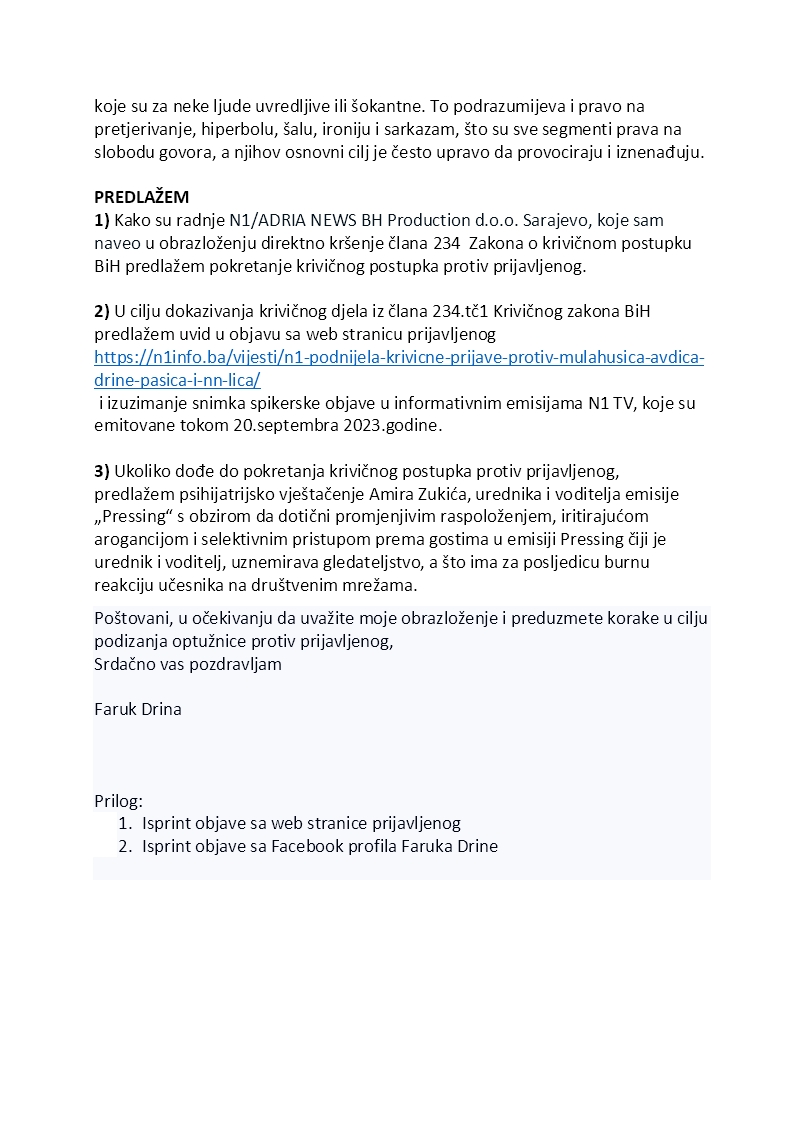 REAKCIJA FARUKA DRINE: 'Zbog lažnog prijavljivanja podnio sam krivičnu prijavu protiv N1 ...